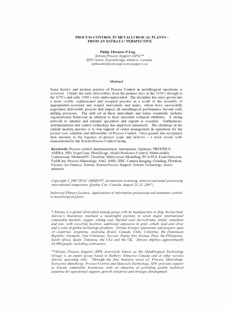 PROCESS CONTROL IN METALLURGICAL PLANTS Ã Â Â Œ FROM AN XSTRATA ...