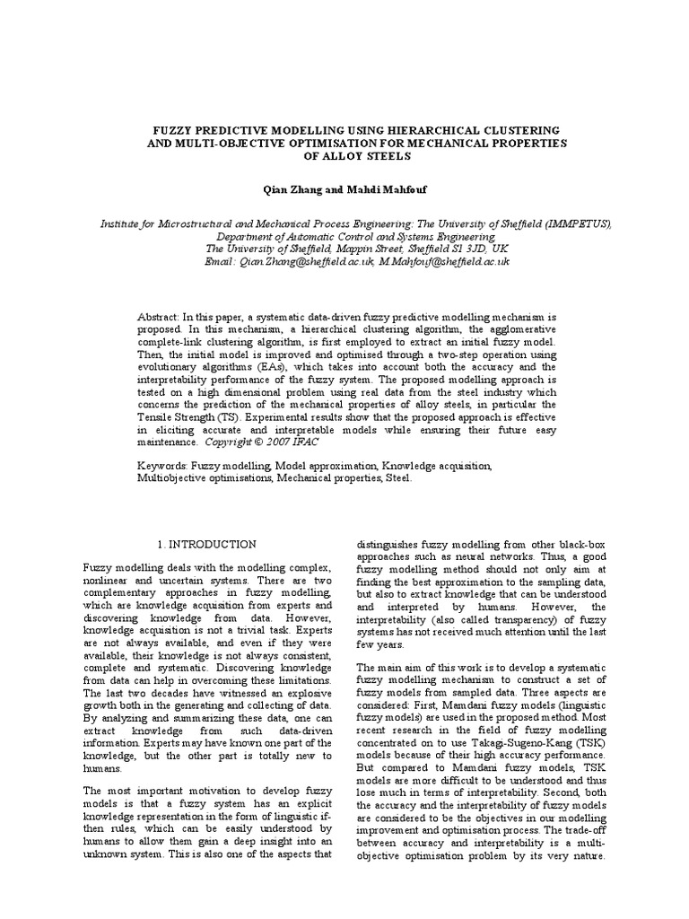 Fuzzy Predictive Modelling Using Hierarchical Clustering And 2007 Ifac Proce Pdf Cluster 