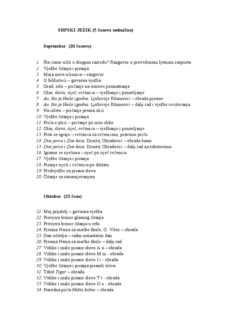 Srpski Jezik Mjesecni Planovi Ii Razred | PDF