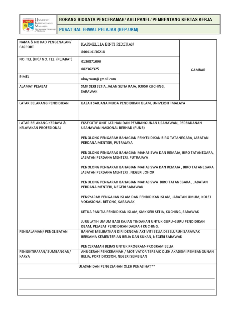 Pusat Hal Ehwal Pelajar (Hep-Ukm) : Borang Biodata Penceramah/ Ahli ...