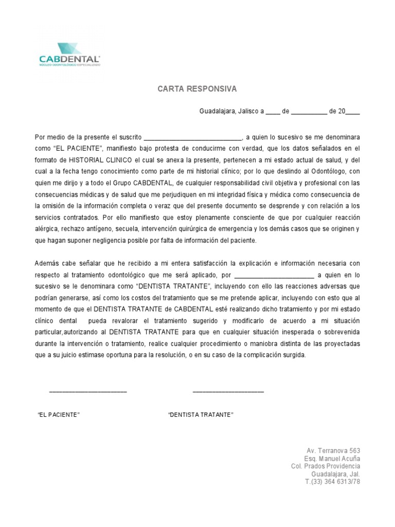 Carta Responsiva Espanol | PDF | Odontología | Historial médico