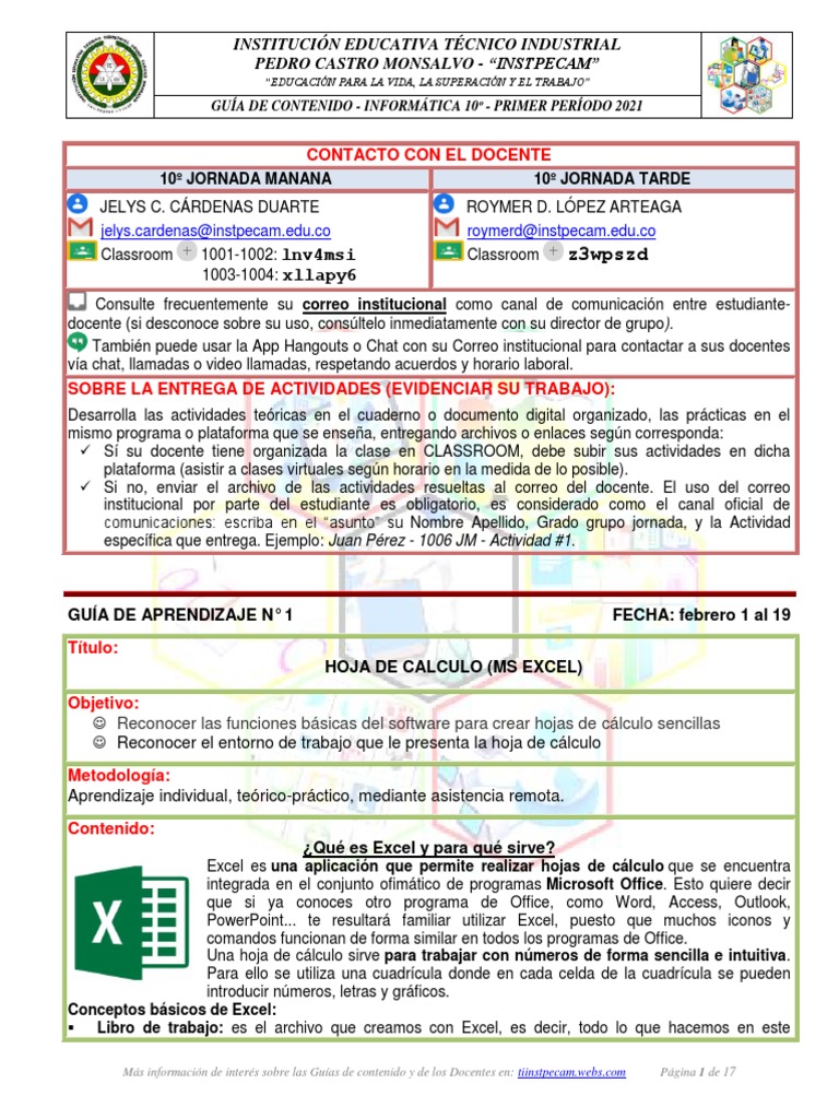 11 Guia Informatica Aula 10° | PDF | Microsoft Excel | Microsoft Office