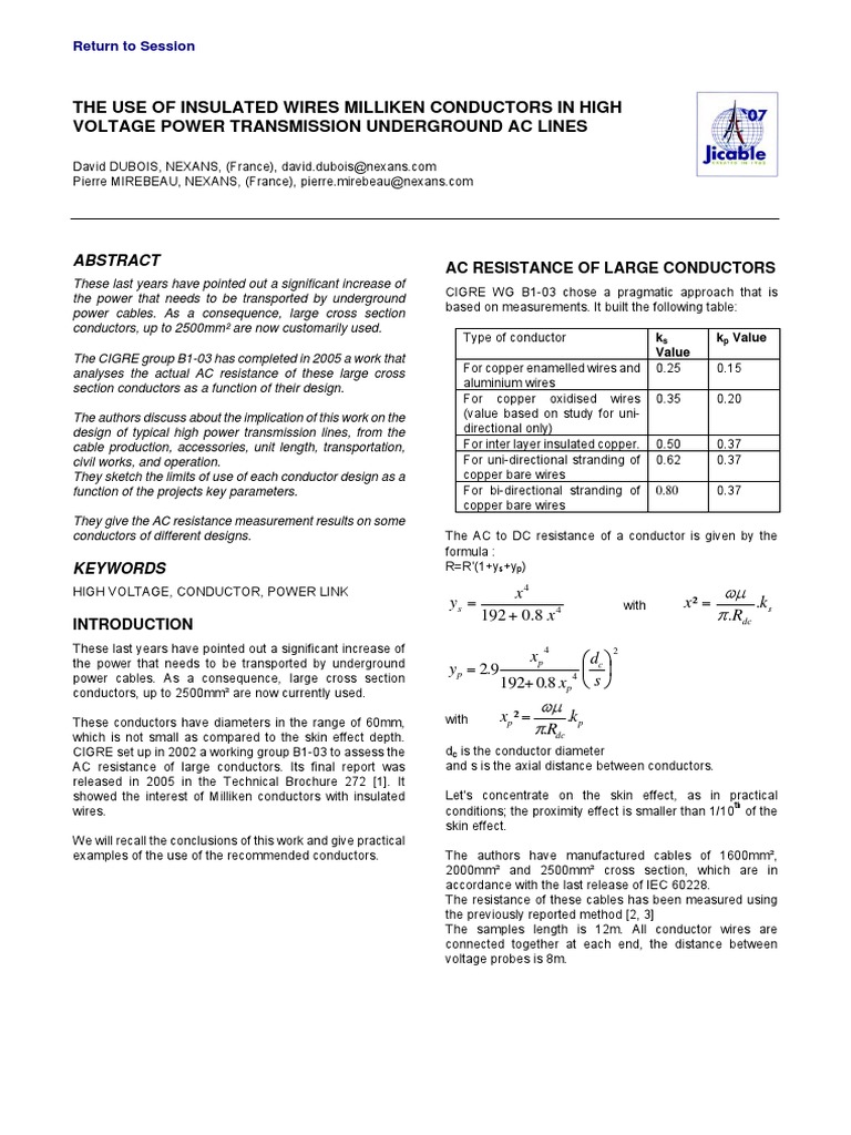 The Use of Insulated Wires Milliken Conductors in High Voltage Power Transmission Underground Ac ...