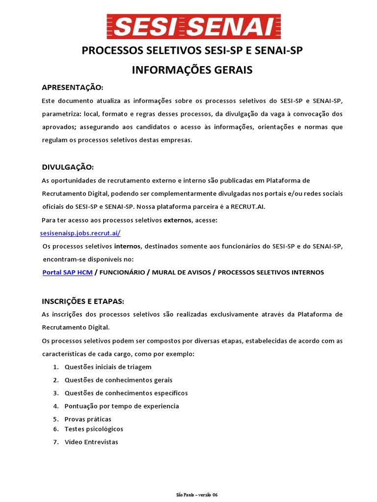 Processos seletivos SESI-SP e SENAI-SP | PDF | Recrutamento | Deficiência