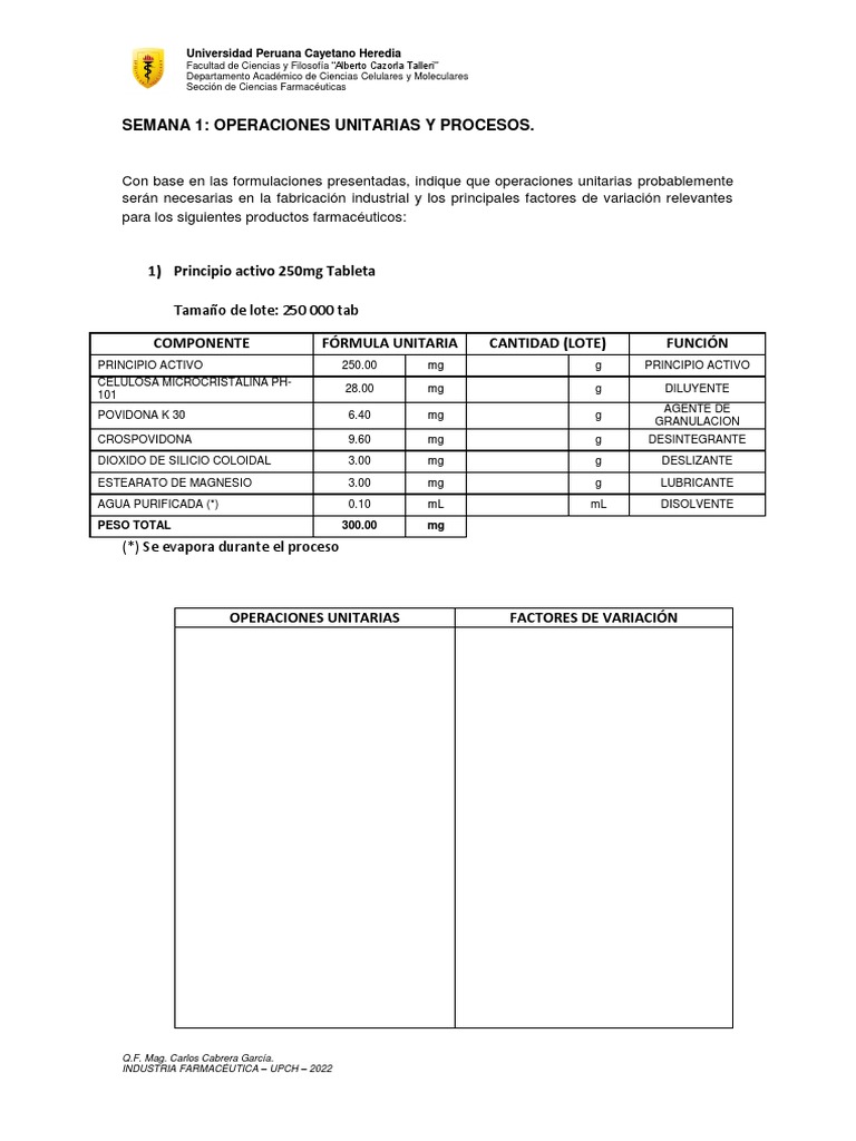 Semana 1: Operaciones Unitarias Y Procesos.: Tamaño de Lote: 250 000 ...