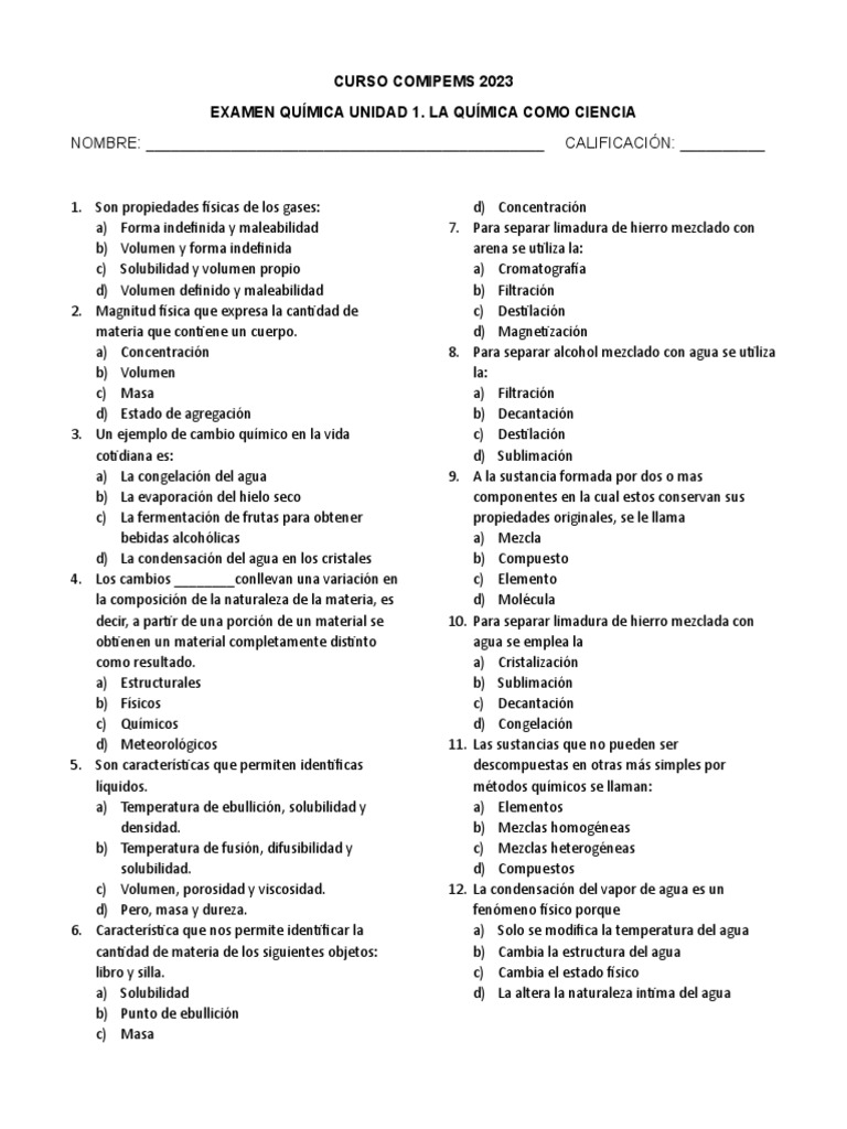 Examen Quimica Unidad 1 COMIPEMS 2023 | PDF | Agua | Destilación