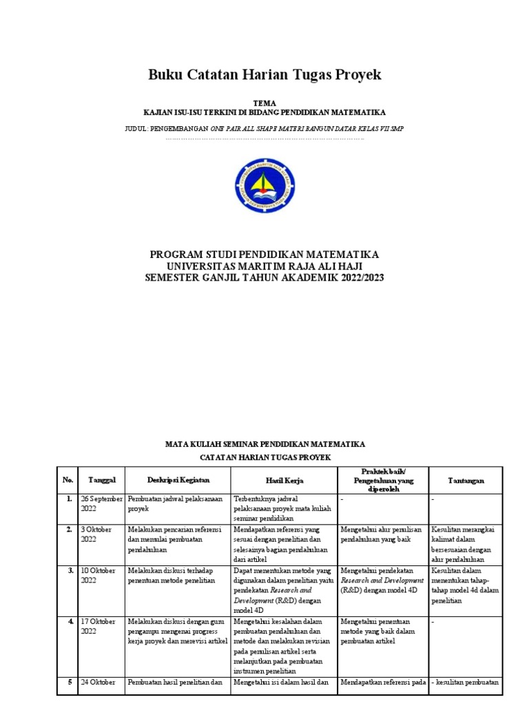 Logbook - Catatan Harian Tugas Proyek Pertemuan 8 | PDF
