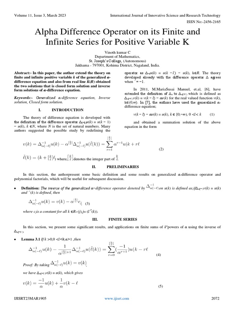 Alpha Difference Operator On Its Finite and Infinite Series For Positive Variable K | Download ...