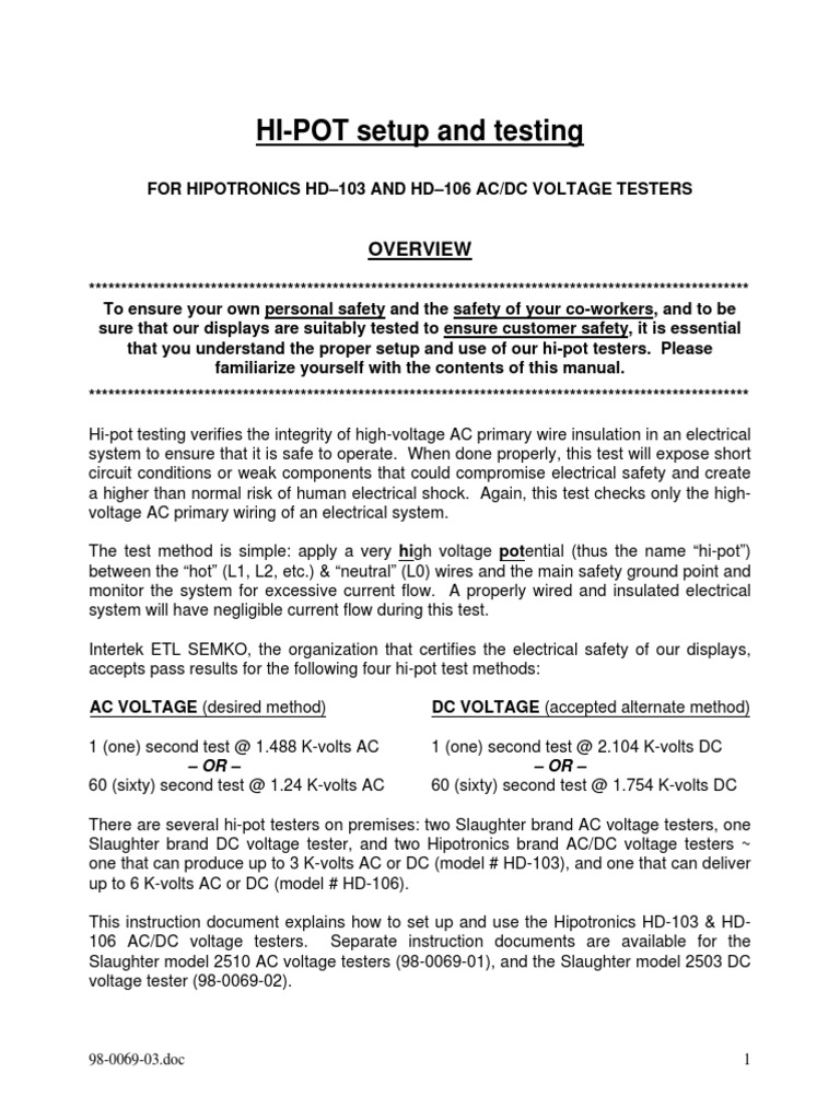 HI-POT Setup and Testing | PDF | Alternating Current | Switch