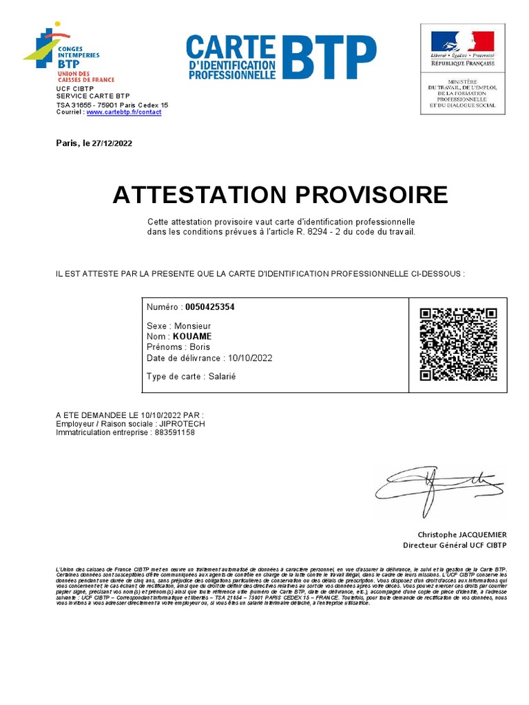 Attestation Provisoire 0050425354 | PDF | Business