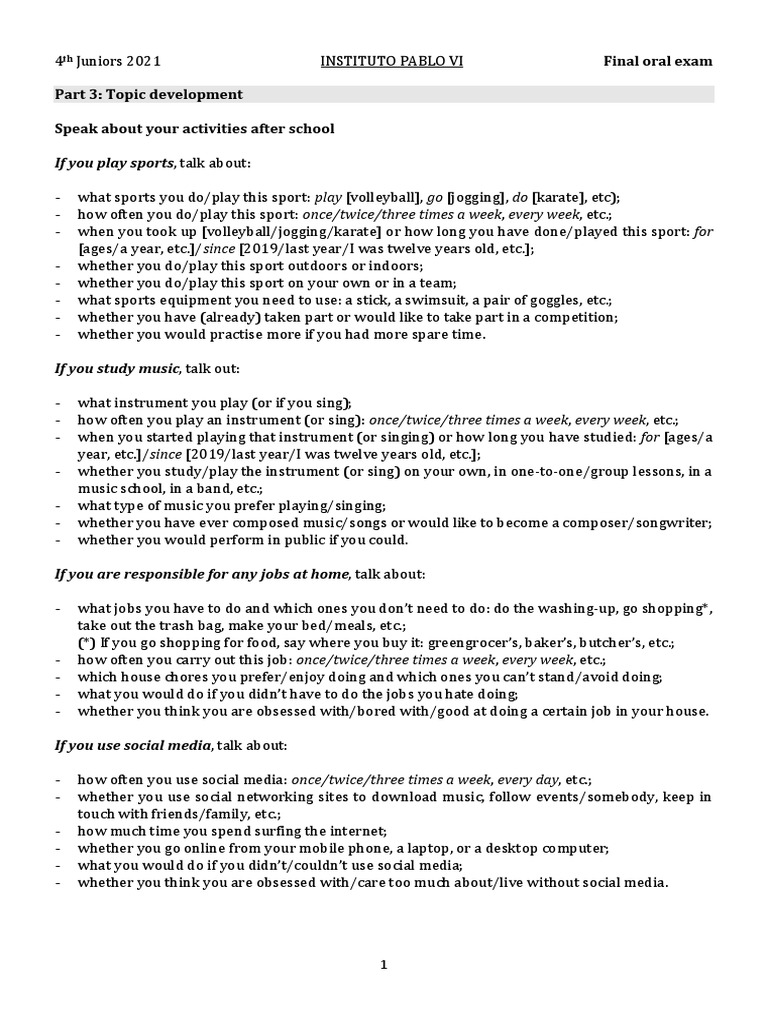 If You Play Sports, Talk About:: Part 3: Topic Development Speak About ...