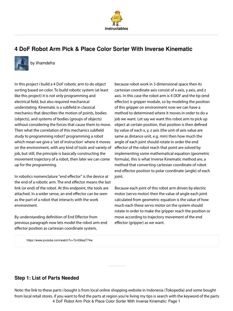 4 DoF Robot Arm Pick Place Color Sorter With Inver | PDF | Kinematics | Rotation