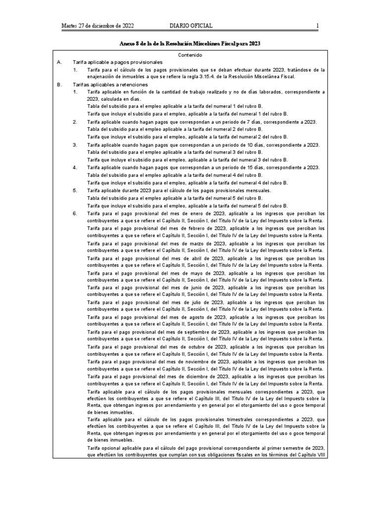 Anexo 8 de La de La Resolución Miscelánea Fiscal para 2023 | PDF | Impuesto sobre la renta ...