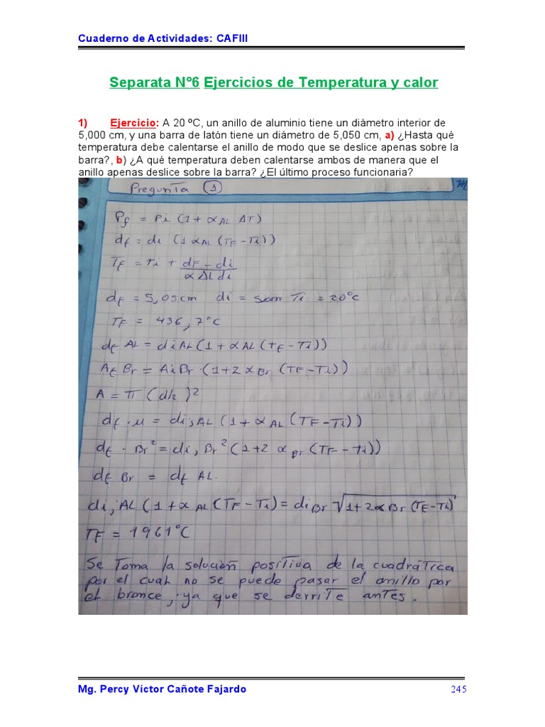 Separata N°6 Ejercicios de Temperatura y Calor: 1) Ejercicio: A) B | PDF | Agua | Calor