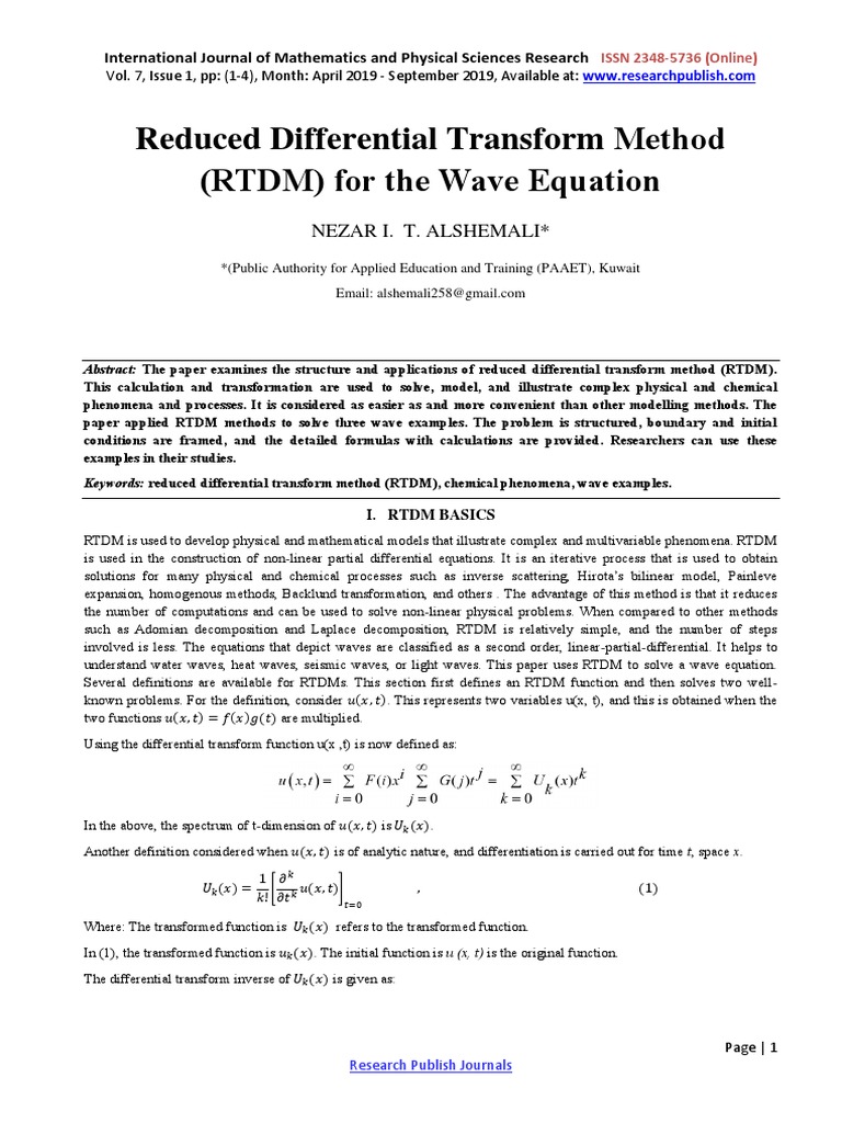 Reduced Differential Transform Method for Waves | PDF | Differential ...