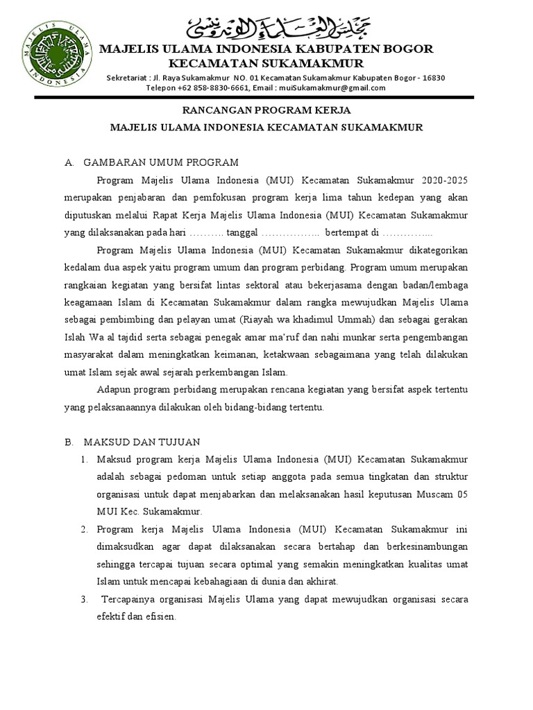 Rancangan Program Kerja Mui Kecamatan 20 25 Jadi | PDF