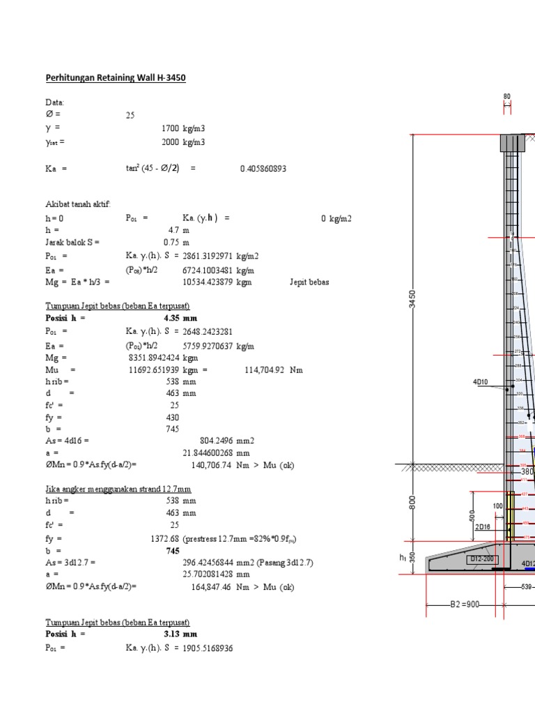 Perhitungan Retaining Wall H-3450 | PDF