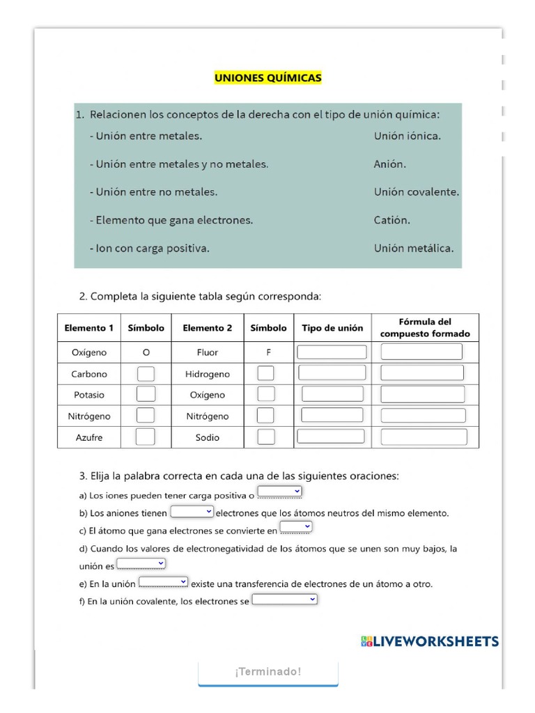 Ejercicio Interactivo de Uniones Químicas | PDF