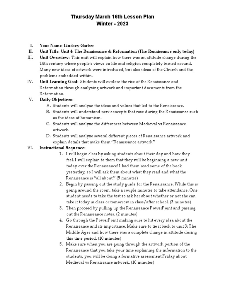 Renaissance Lesson Plan 3/16/23 | PDF | Renaissance | Lesson Plan