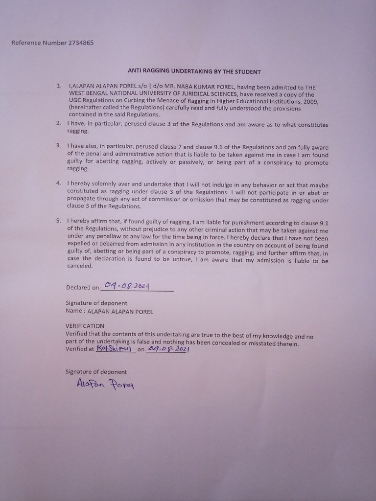 Anti Ragging Undertaking, Affidavit, NUJS | PDF