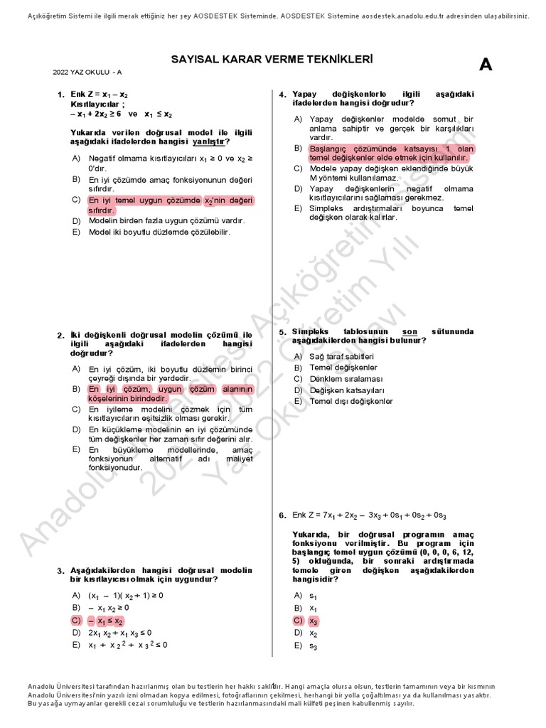 2021 - 2022 Öğretim Yılı Yaz Okulu Sınavı: Sayisal Karar Verme ...