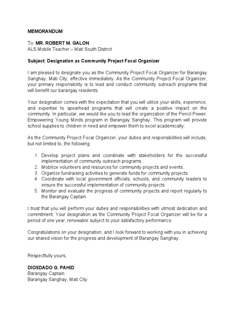 Designation Letter From The Barangay | PDF