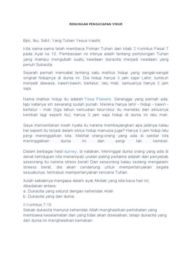Renungan Pengucapan Sykur Hari Ini | PDF