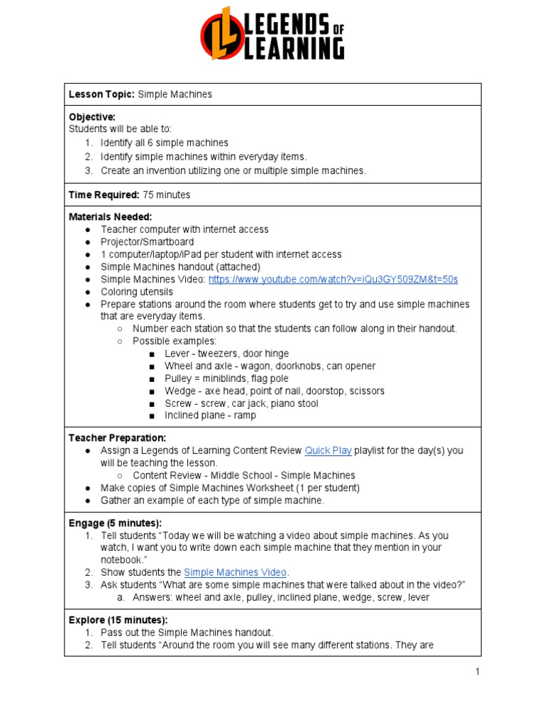 Simple-Machines 4e's Lesson Plan | PDF | Machines | Lever