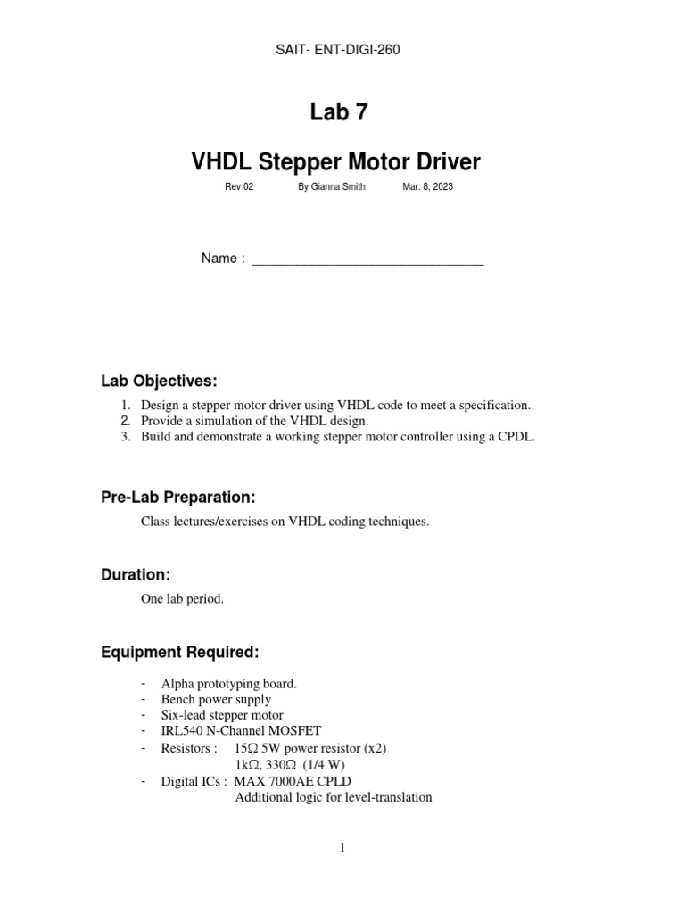 1 - DIGI-260 - Lab 07 - VHDL Stepper Motor Controller - Rev 02 | PDF
