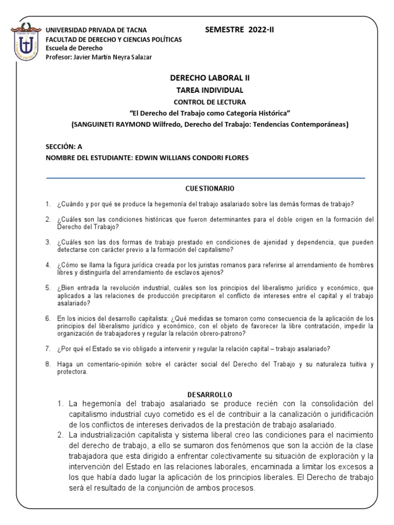 Análisis del origen y desarrollo histórico del Derecho Laboral como ...