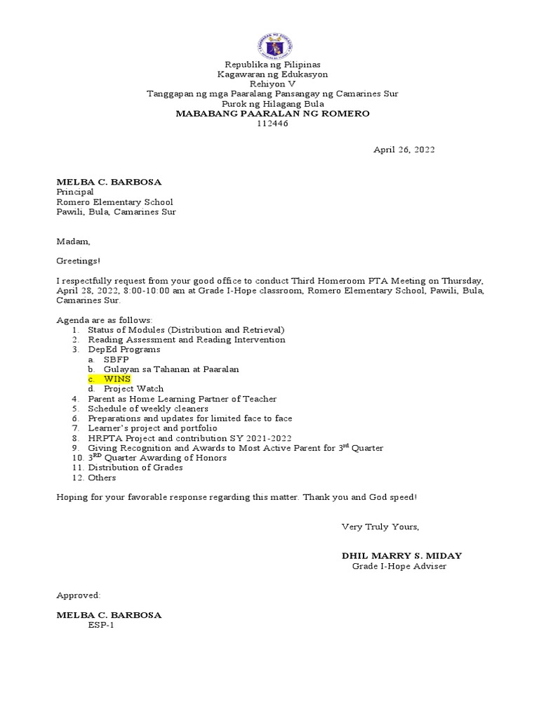 Letter For Hrpta Meeting | PDF