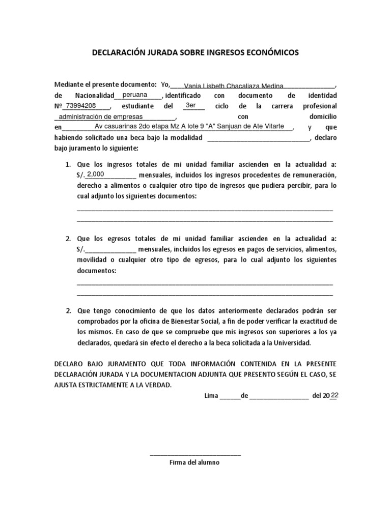 Declaración Jurada Sobre Ingresos Económicos | PDF | Economias