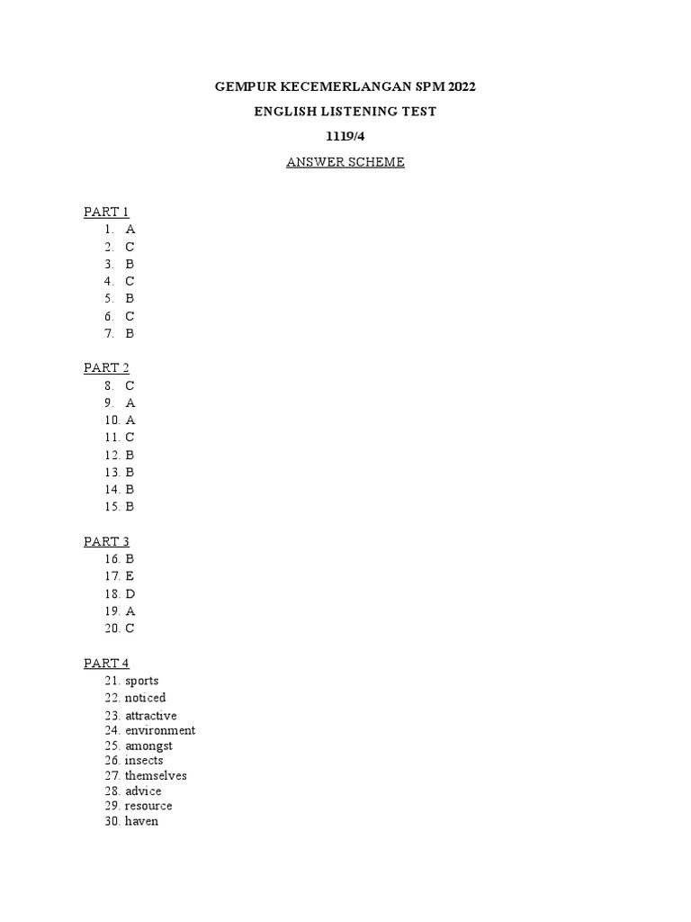 Answer Scheme English Listening Test Gempur SPM Perlis 2022 | PDF