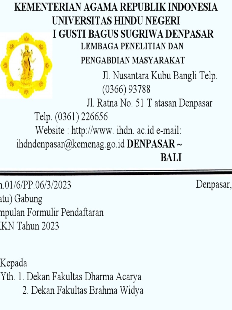 Surat Pengumpulan Formulir Pendaftaran KKN 2023 | PDF
