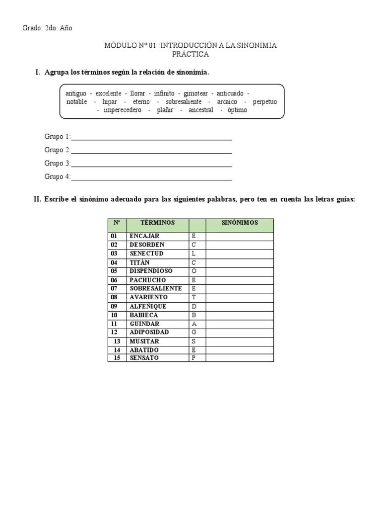 Práctica de Sinonimia para 2do Año | PDF