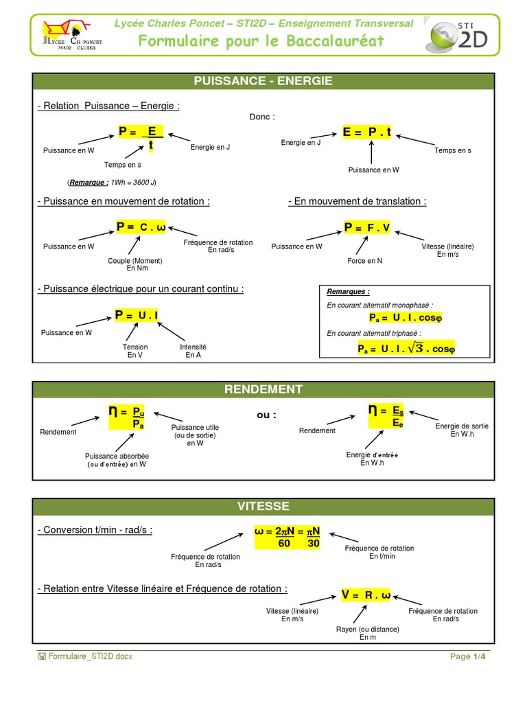 Formulaire STI2D | PDF | Puissance (physique) | Rotation