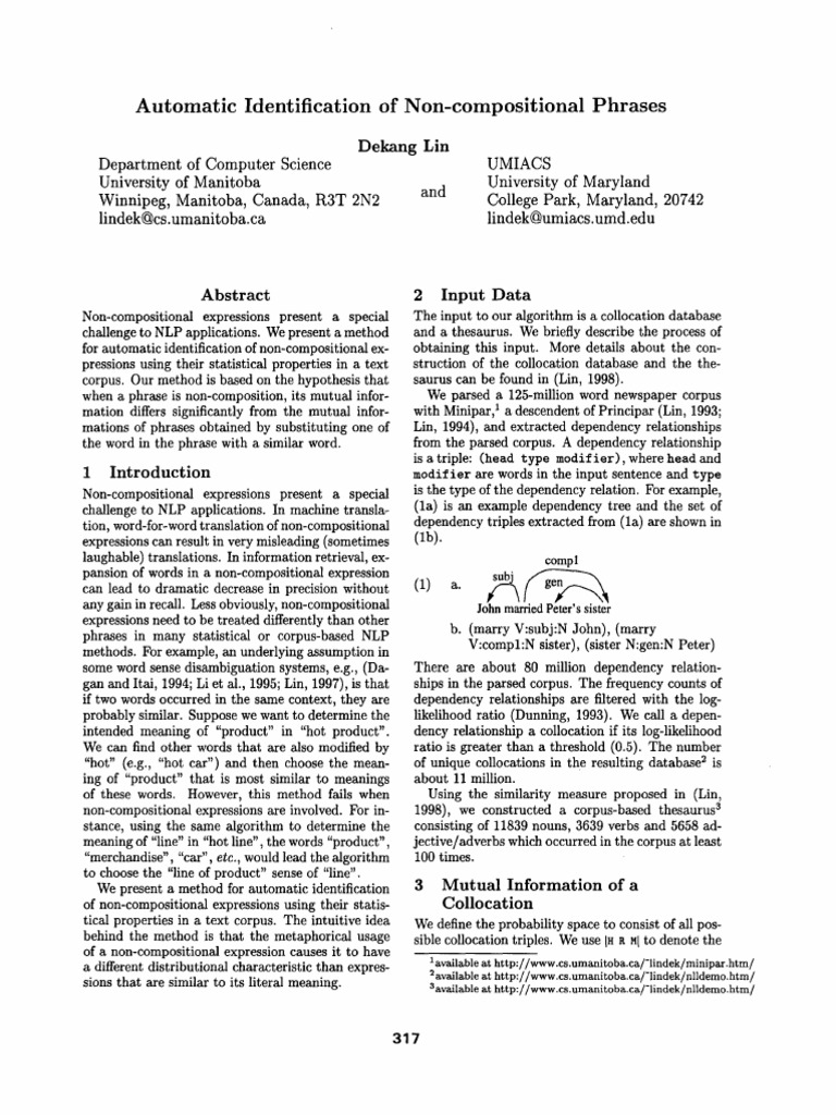 Automatic Identification of Non-Compositional Phrases | PDF | Parsing | Confidence Interval