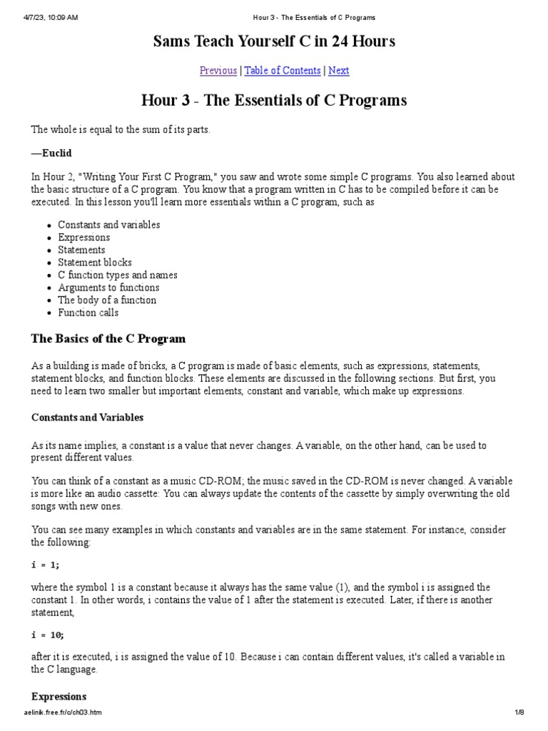Hour 3 The Essentials Of C Programs Pdf Parameter Computer Programming Integer