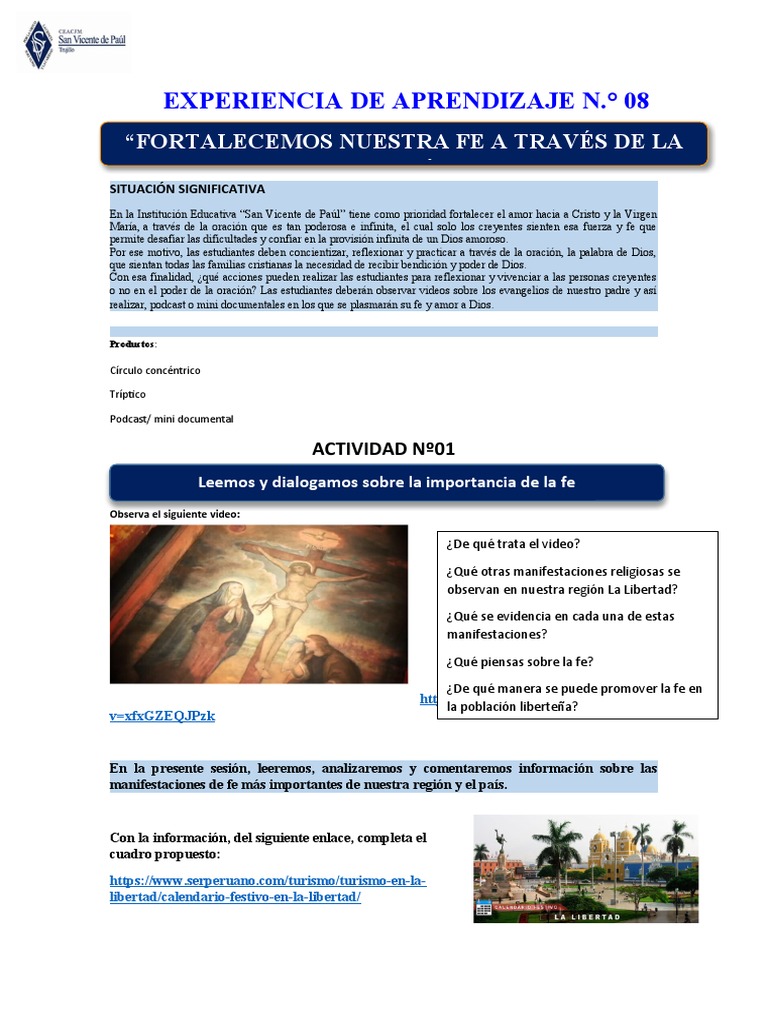 Experiencia de Aprendizaje N.° 08: "Fortalecemos Nuestra Fe A Través de La Oración" | PDF | Dios