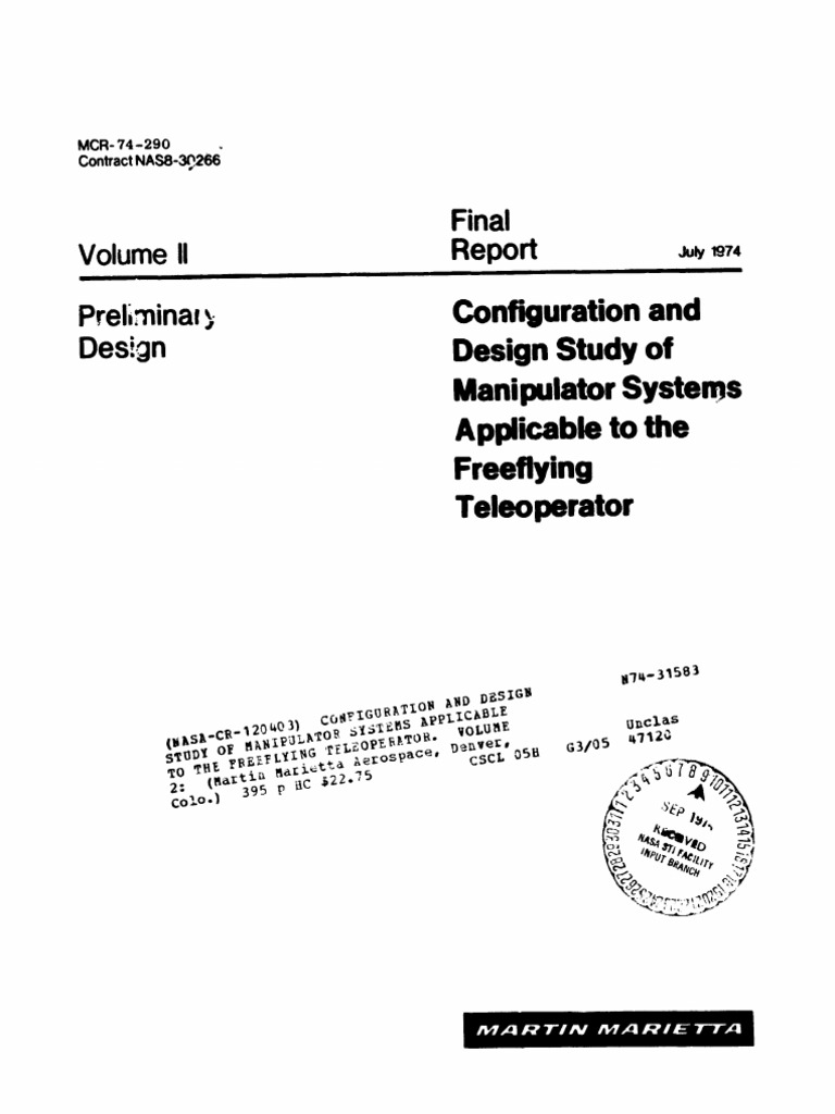 Final Preliminat Design: Configuration and Design Study Manipulator ...