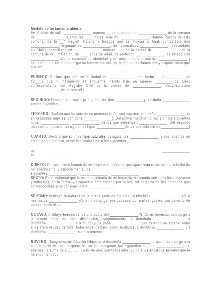 Modelo de Testamento Abierto | PDF | Herencia | Ley común
