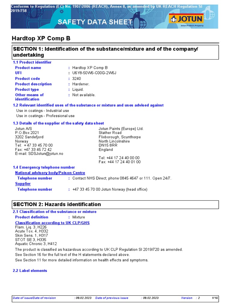 SDS 3240 Hardtop XP Comp B Euk GB | PDF | Chemical Reactions | First Aid