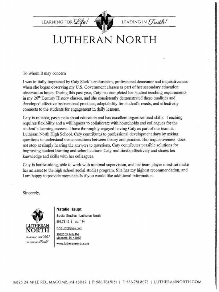 Natalie Haupt-Stark Letter of Recommendation | PDF