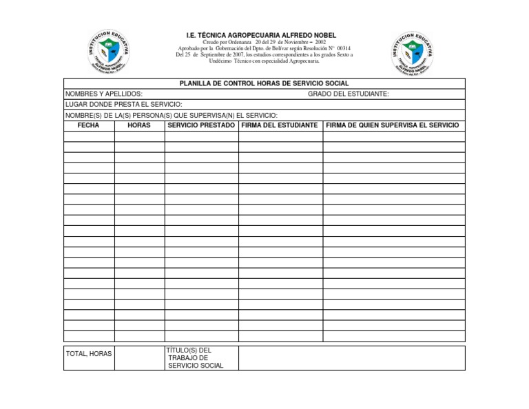Planilla de Control Horas de Servicio Social | PDF