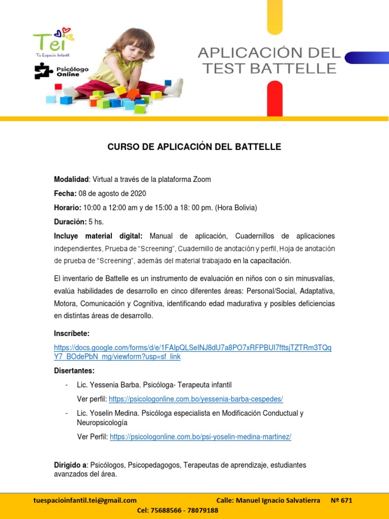 Curso de Aplicación Del Battelle: Calle: Manuel Ignacio Salvatierra #671 Cel: 75688566 ...
