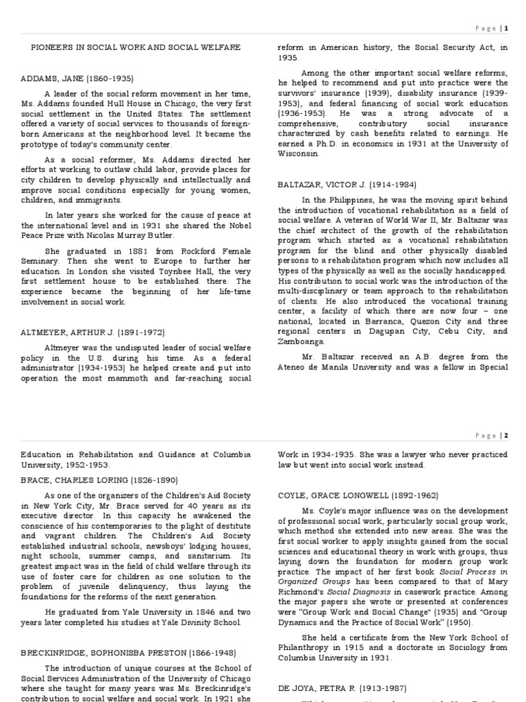 Pioneers in Social Work and Social Welfare Reform: Profiles of Leaders ...