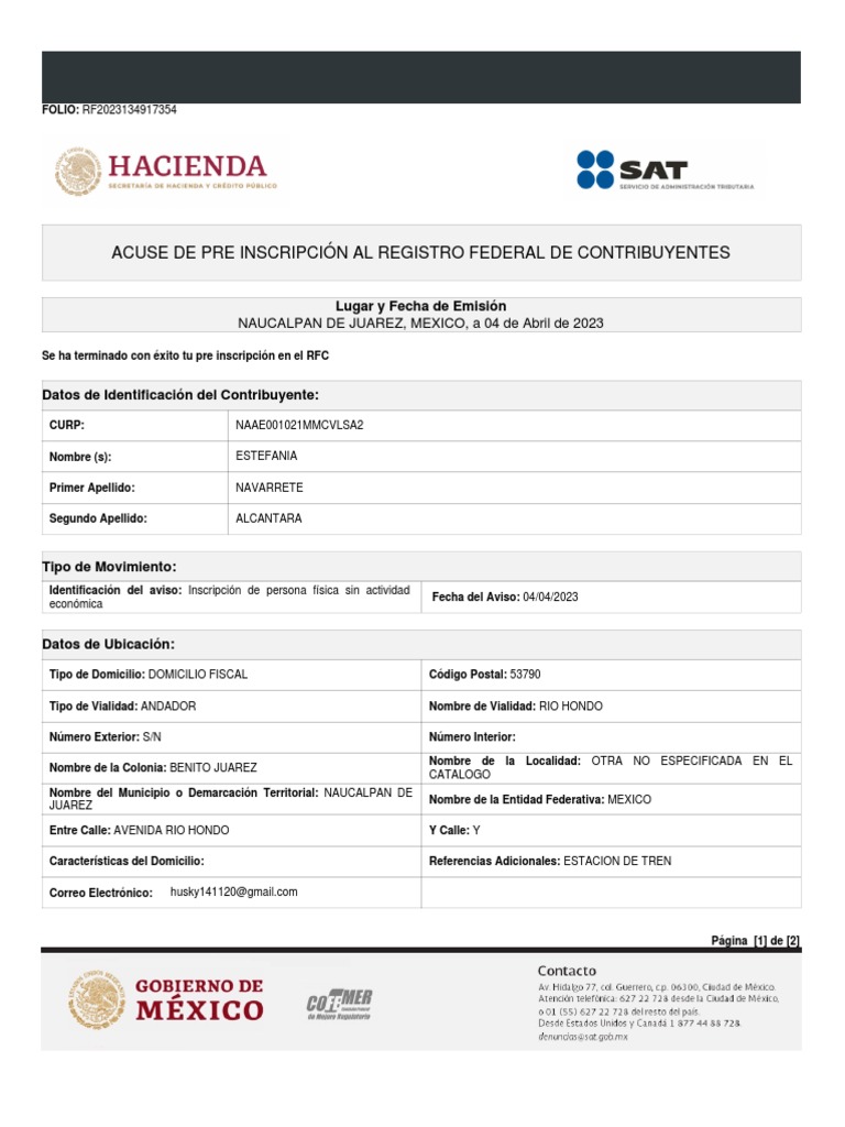 Acuse de Pre Inscripción Al Registro Federal de Contribuyentes | PDF ...