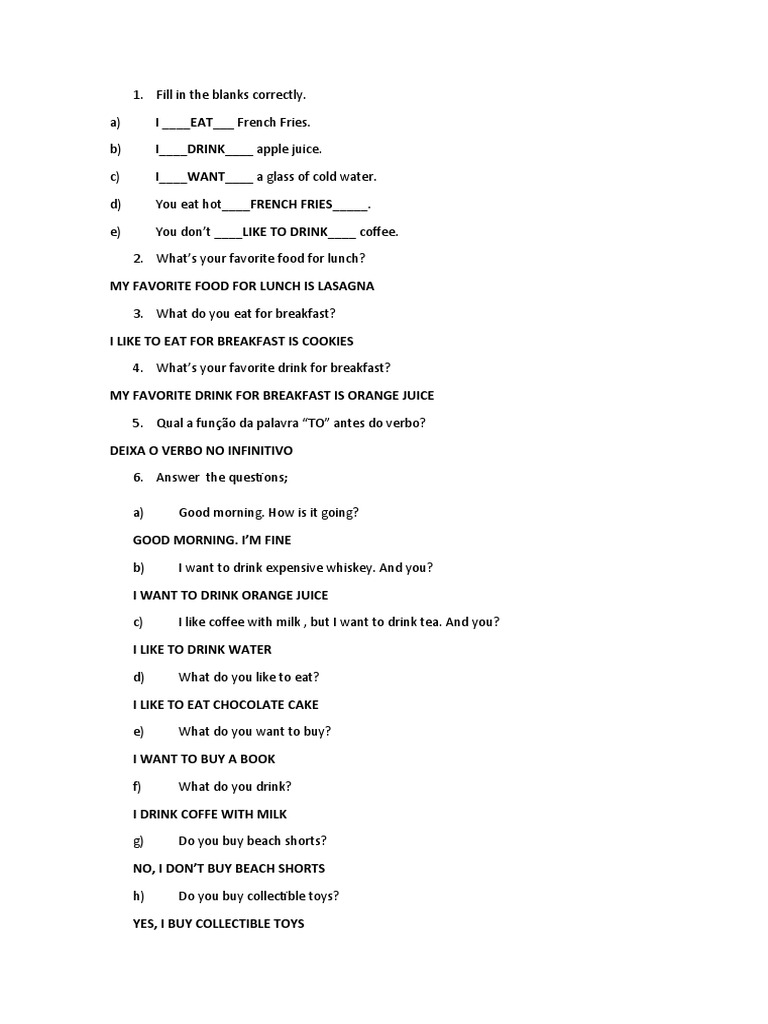 Fill in The Blanks Correctly | PDF | Lunch | Drink