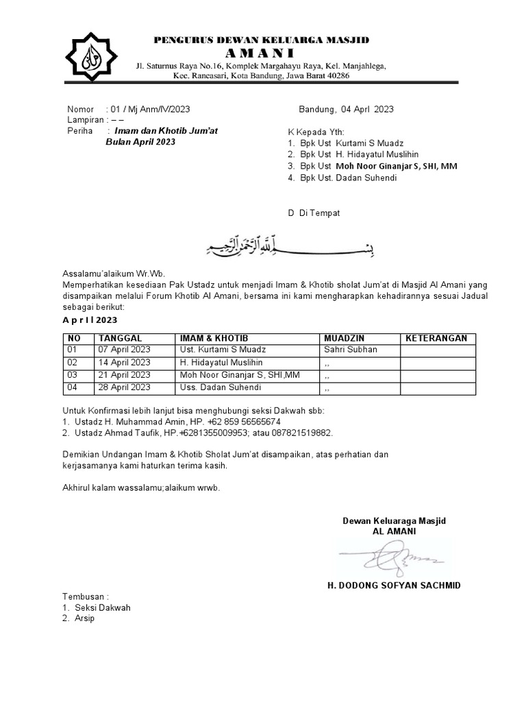 Surat Undangan Imam Khotib Jumat April 2023-1 | PDF