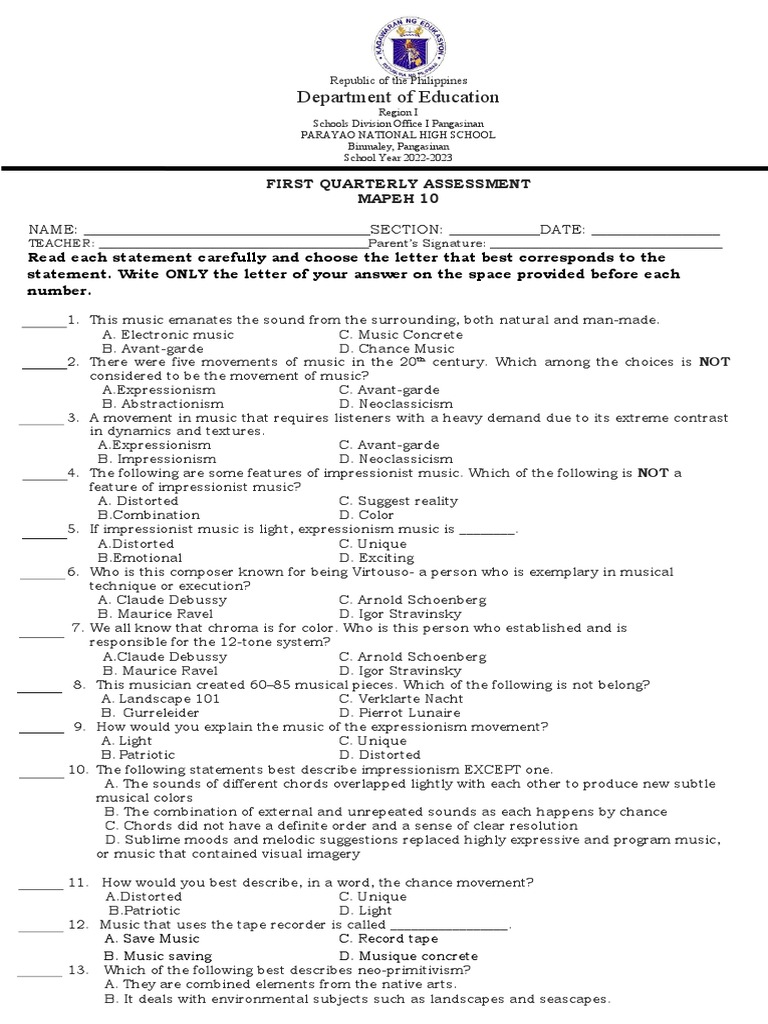 First Quarter MAPEH Assessment 2022-2023 | PDF | Physical Fitness ...